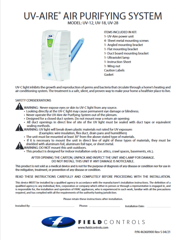 UV-Aire® UV-E External Air Purifier System Installation Manual & Wiring ...